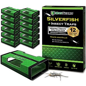 MaxGuard Silverfish + Insect Traps (12 pcs Box Trap) | Non-Toxic Extra Sticky Glue Traps, Kill All Silverfish, Centipedes, and Other Crawling Bugs and Insects |