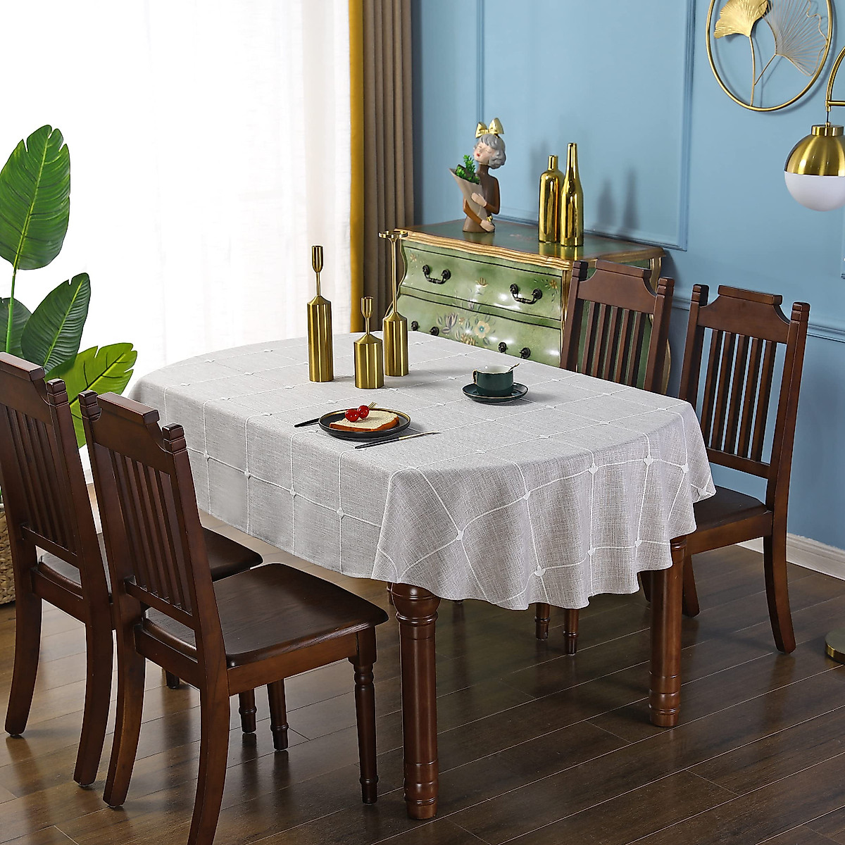 QsyyHome Lattice Oval Tablecloth Rustic Embroidery Cotton Linen Fabric Brown Checkered Table Cover Tablecloths for Kitchen Dining Party Tabletop Decoration 60 x 84 inches