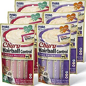 INABA Churu for Cats, Functional, Creamy Lickable Purée Cat Treat for Hairball Control with Taurine & Vitamin E, 0.5 Ounces Each, 24 Tubes (4 per Pack), Tuna and Chicken Variety Pack