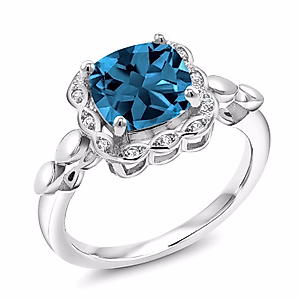 Gem Stone King 925 Sterling Silver 8MM Cushion Gemstone Birthstone and White Created Sapphire Engagement Ring | Wedding Engagement Anniversary Promise Ring For Women