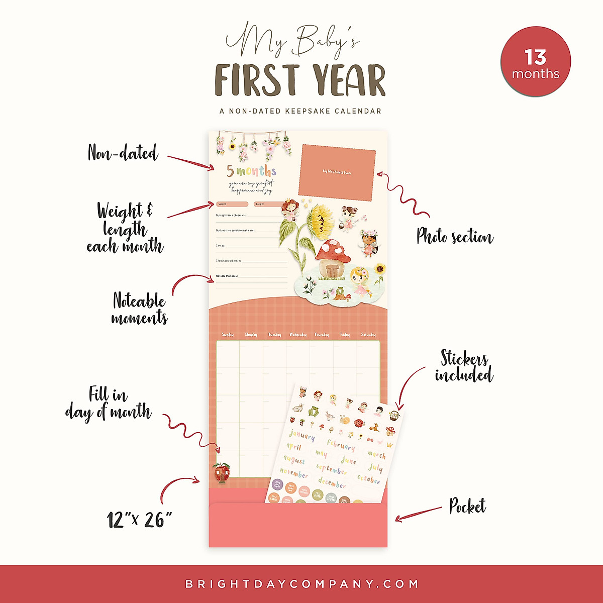 Baby's First Year Book & Calendar with 54 Stickers By Bright Day – Capture Milestones with Baby's First Year Calendar – Keepsake Memory Journal for Newborns