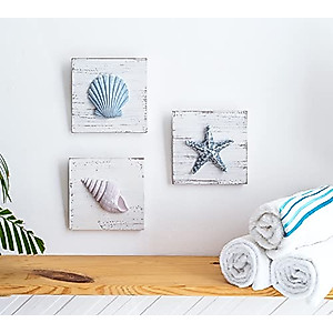 TideAndTales 3D Seashell Art - Set of 3, 6”x6” Beach Wall Decor for Bathroom, Hand-Painted Rustic Shells and Starfish, Ocean Theme Coastal Decorations for Home or Beach House