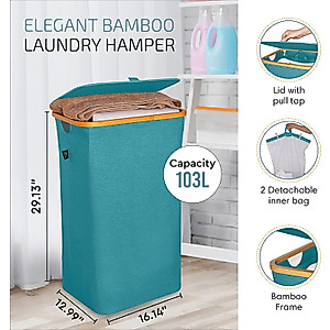 Royal Assad Large Collapsible Laundry Hamper with Lid - Foldable Bamboo Laundry Basket with 2 Removable Bags for Clothes, Towels, Bedroom, Bathroom - 27.2 Gallons (103L) - Light Teal