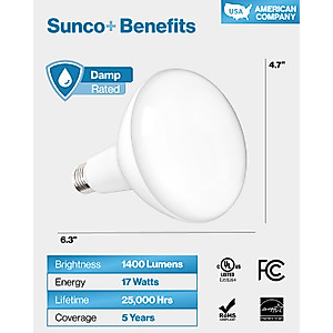 Sunco Lighting - 10 Pack BR40 Light Bulbs, LED Indoor Flood Light, Dimmable, CRI94 5000K Daylight, 100W Equivalent 17W, 1400 Lumens, E26 Base, Indoor Home Recessed Can Lights, High Lumens - UL
