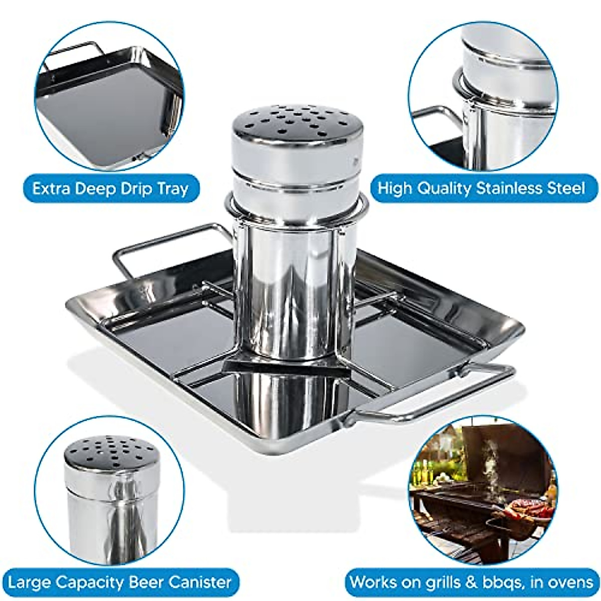 Sheshapho BBQ Beer Can Chicken Roaster Stand - 4 Vegetable Spikes - Stainless Steel Vertical Roasting Holder - for Grill, Oven or Smoker - Complete with Silicone Brush and Pair of Silicone Grips