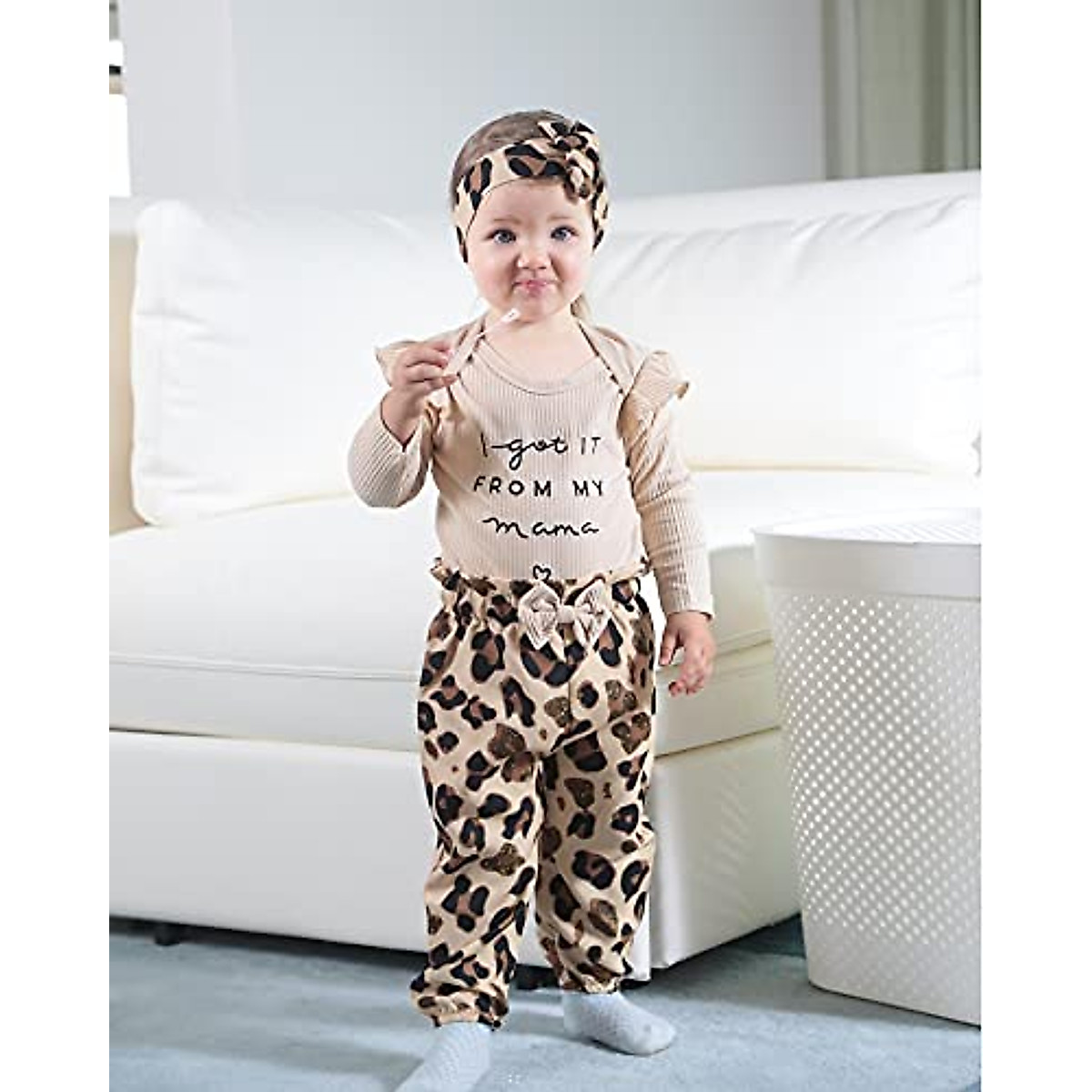 DISAUR Baby Girl Long Sleeve Outfits Apricot Ruffle Romper Leopard Pants Newborn Baby Girl Leave Hospital Outfits