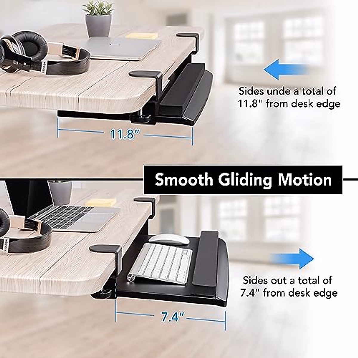 EHO Clamp-On Retractable Adjustable Keyboard Tray, Under Desk Ergonomic Keyboard Tray - Easy Tool-Free Install - Small with Wrist Rest for Enhanced Typing Comfort, Space-Saving, Surface 20" x 11.5"
