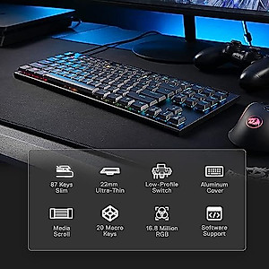 Redragon K622 Horus TKL RGB Mechanical Keyboard, Ultra-Thin Designed Wired Gaming Keyboard w/Low Profile Keycaps, Dedicated Media Control & Clicky Blue Switch, Pro Software Supported