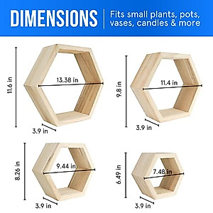 Hexagon Shelves Natural Wood Floating Shelves Set of 4 Wall Shelf for Bedroom, Office, Living Room & Bathroom – Farmhouse Wall Décor - Decorative Wooden Honeycomb Shelves with Alignment Tool