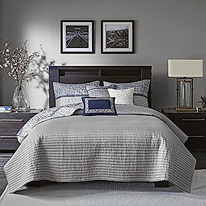 Madison Park King Quilt Set Lustrous Jacquard & Glitter Accent Coverlet Set for King Size Bed - All Season, Lightweight King Quilt Set, Shams, Decorative Pillow, King/Cal King Chevron Grey/Navy