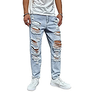 WDIRARA Men's High Waisted Ripped Skinny Jeans Long Denim Pants with Pocket Light Wash S