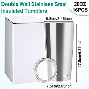 Potchen 16 Pcs 20 oz Stainless Steel Tumbler Bulk with Lids, Double Layered Vacuum Coffee Tumbler Cup Insulated Coated Travel Mug Tumblers for Coffee, Beverages, Hot Cold Drinks(20 oz)
