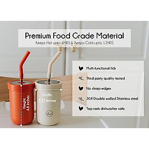 Double walled Insulated Smoothie cups for kids | Toddler Cups with Straws | Set of 2 Straw Sippy Cup | Stainless steel baby cup with Thermos Lid for Hot Storage | Kids Straw Cups