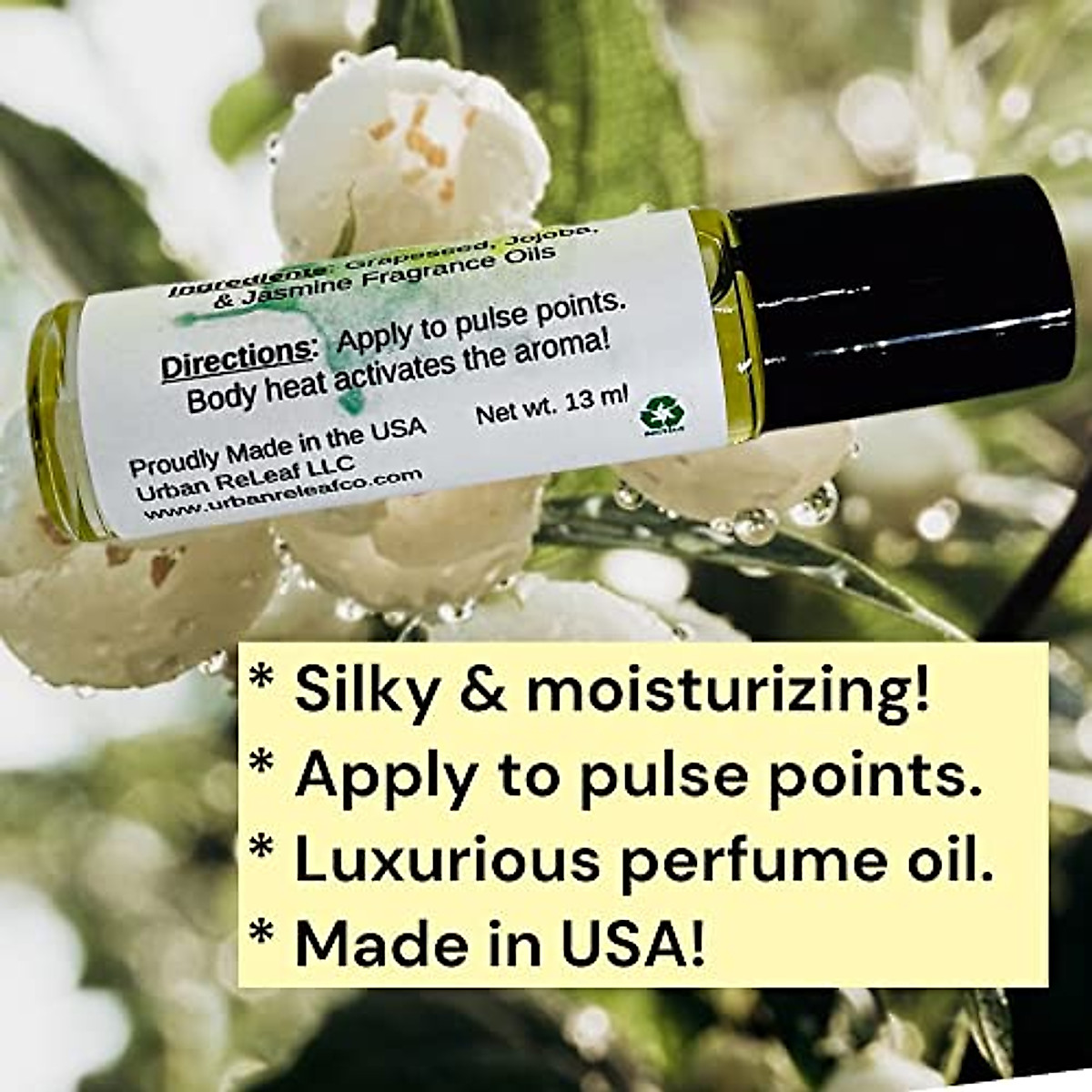 Urban ReLeaf Jasmine Perfume Oil Roll-On. Classic Floral Scent, Memorable, Fruity & Woody. Long Lasting Fragrance Oil, Moisturizing Jojoba & Alcohol-Free. Bottled in USA. Fits in purse or pocket!