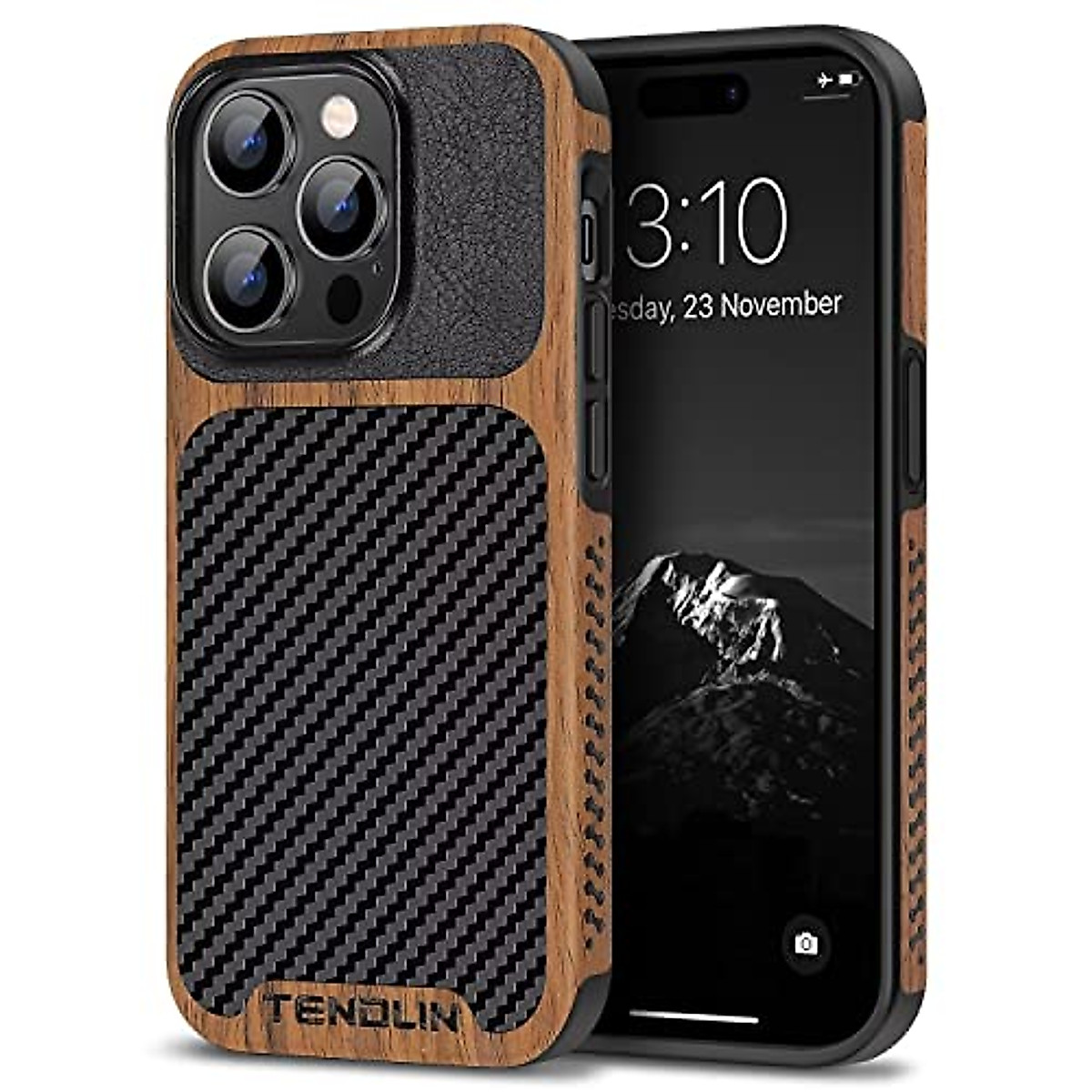 TENDLIN Compatible with iPhone 14 Pro Case Wood Grain with Carbon Fiber Texture Design Leather Hybrid Slim Case Black