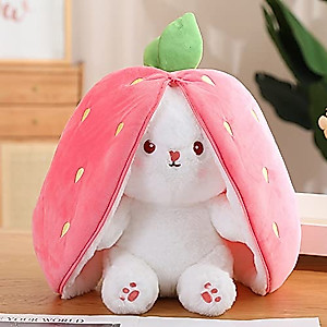 REYBEYOLA Easter Bunny Stuffed Animal Cute Rabbit Plushie Hide-and-Seek Bunny Carrot Strawberry Bunny Pillow Plush Toy for Boys Girls (Pink, 9.84 inch)