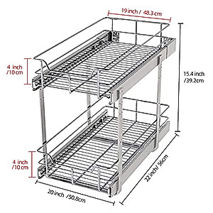 STORKING 2 Tier Wire Basket Pull Out Organizer Shelf Sliding Drawer Storage for Kitchen Base, Double-Tier Heavy Duty Cabinets Chrome-Plating, 21”W x 22”D Cabinet Opening Wire Frame Plating Finish