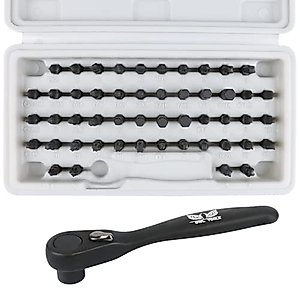 Low Profile Right Angle Ratcheting Screwdriver Set - Mini Ratchet Set Includes 50 Screwdriver Bits Included (Hex, Square, Pozidrive, Phillips, Torx Slotted, Triangle)