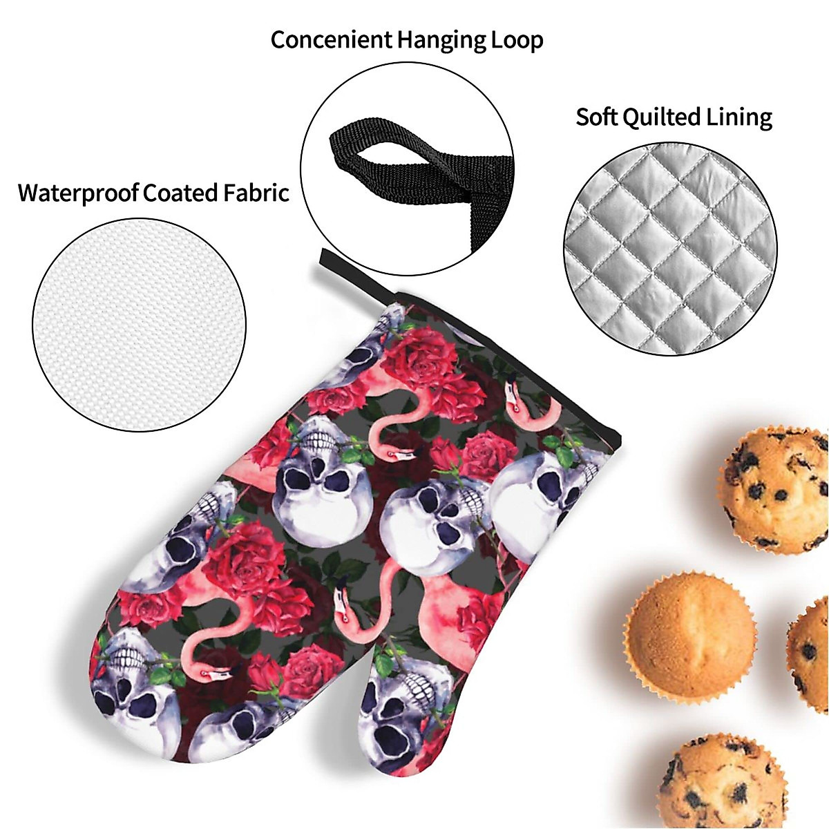 LAKIMCT Flamingo Red Rose Skull Oven Mitts and Pot Holders Sets Non-Slip Potholders Heat Resistant Oven Gloves for Kitchen Baking Cooking BBQ, 4-Piece Set