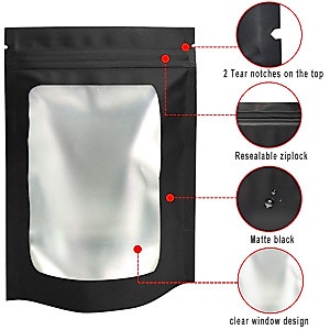 STUs 100 Pack Smell Proof Bags 4 x 6 Inch Resealable Stand-Up Mylar Bags with Clear Window Foil Pouch Bags Flat Bag Matte Black