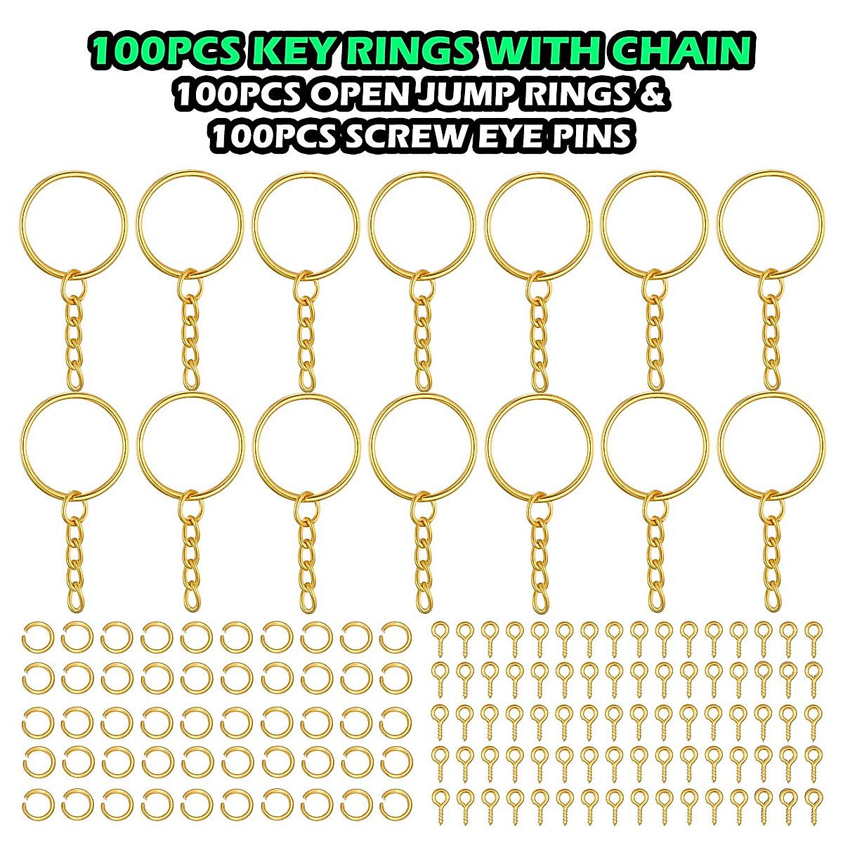 100Pcs Keychain Rings 1 Inch/25mm Gold Key Chain Rings with 100Pcs Jump Rings and 100Pcs Screw Eye Pins Bulk for Crafts