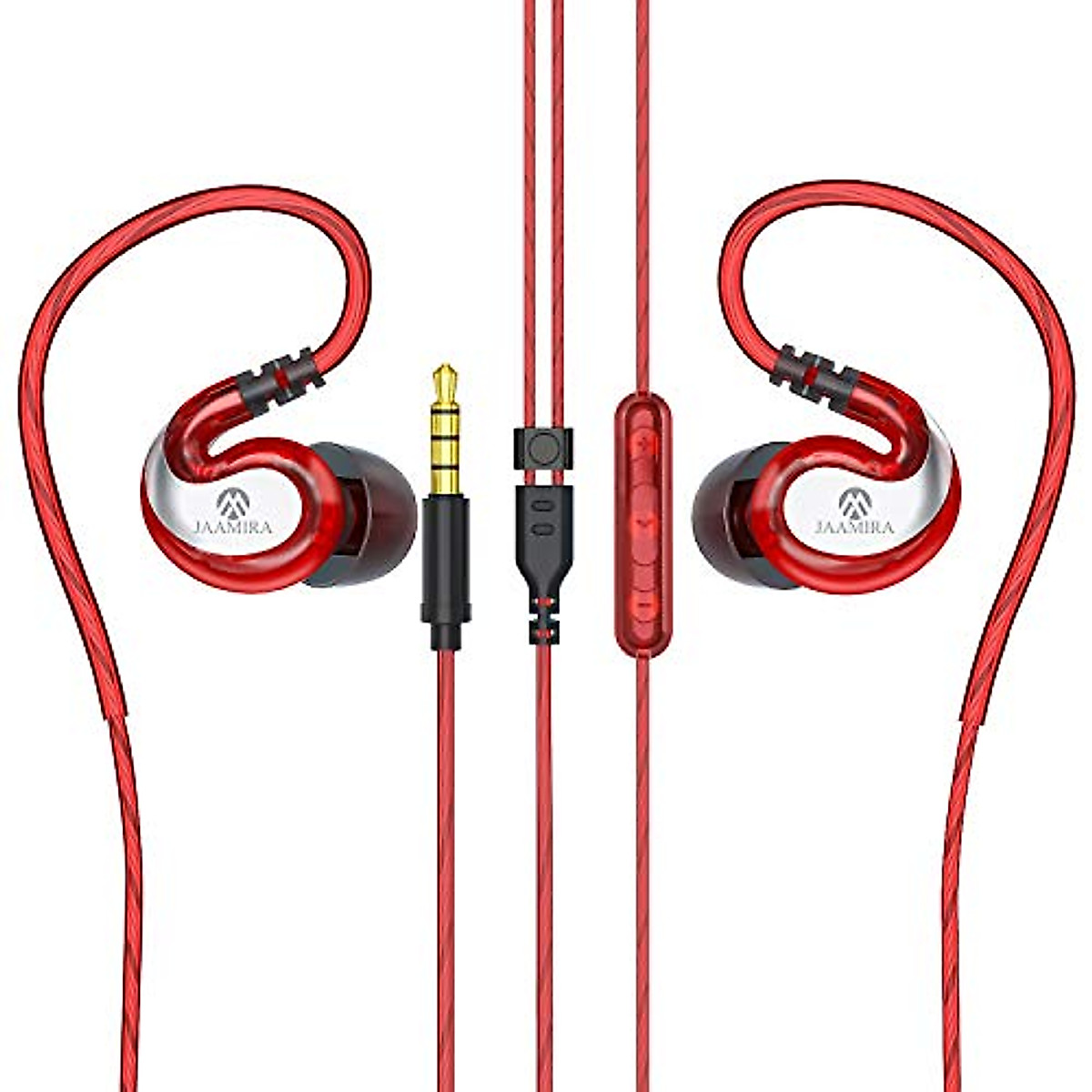 JAAMIRA Sports Wired Earbuds Over Ear Headphones with Microphone -Comfortable in Ear Ear Buds for Kids &Adults -Noise Isolation Earphones 3.5mm Jack for Phone iPhone Computer Runing Workout Gym Red