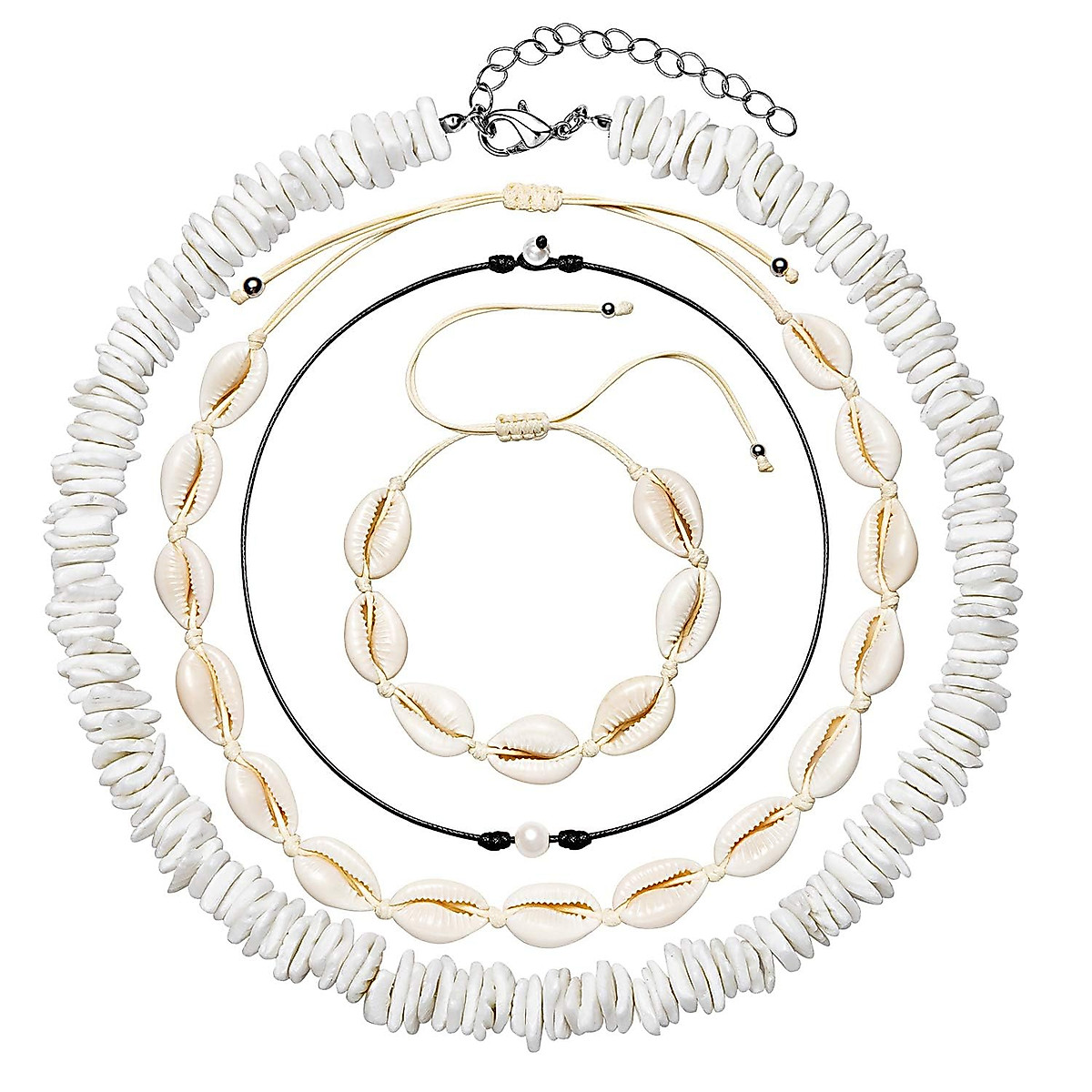 TKUAMIGO Puka Shell Necklace for Women Natural Pearl Choker Necklace Adjustable Seashell Necklace Cowrie Shell Bracelet Beach Boho Jewelry Set for Vsco