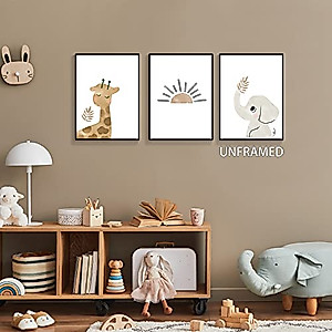 Cute Woodland Animals Giraffe Canvas Wall Art Set of 3 12x16in, Colorful Minimalist Baby Nursery Sun Room Aesthetic Posters, Neutral Elephant Print Painting Decor for Girl Boy Kids Bedroom Unframed