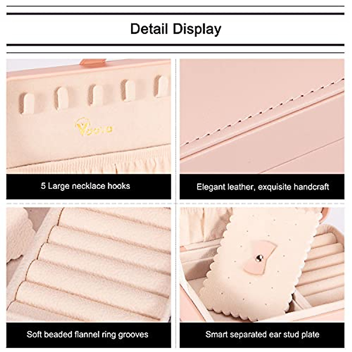 Voova Small Jewelry Organizer Box, Travel Jewelry Case for Women Teen Girls, Mini PU Leather Portable Jewellery Storage Boxes Holder with Smart Earrings Plate for Necklaces Rings Bracelets, Pink
