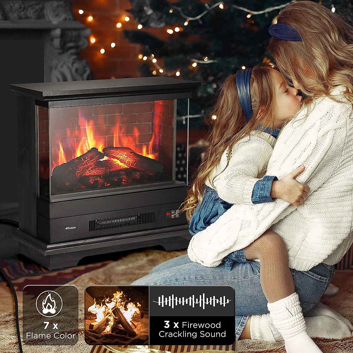 TURBRO Firelake 27 in. WiFi Electric Fireplace Heater with Sound Crackling - Freestanding Fireplace w/Mantel - 7 Adjustable Flame Effects, Overheating Protection, CSA Certified - 1400W, Black Walnut