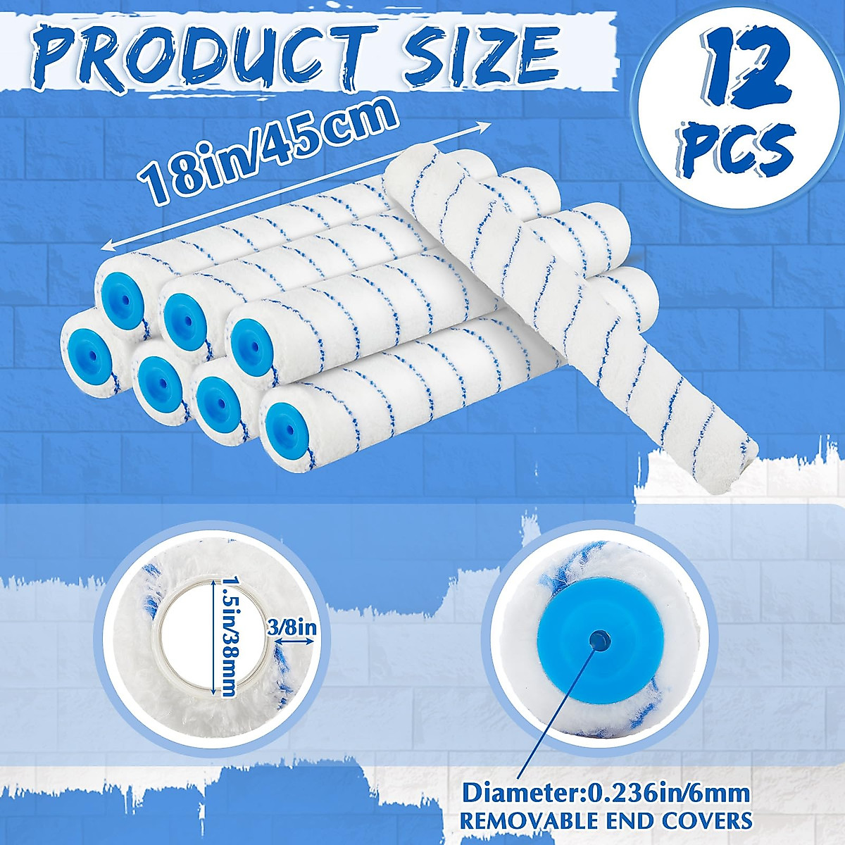 Jinei 12 Pcs 18 Inch Paint Roller Covers 3/8" Nap Roller Covers Large Paint Roller Sleeves Microfiber Wide Paint Rollers for Wall, Ceiling, Painters, Painting Surfaces, Blue, White