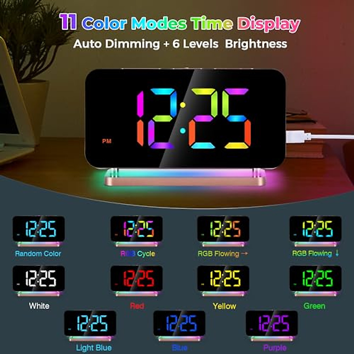 Poeroa RGB Alarm Clock,7.4” LED Mirror Digital Clocks Large Display,with Night Light,USB C Charger Port,Auto Dimmer,Modern Desk Clock for Bedroom Home Office Decor - Rose Gold