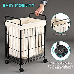 Aquaterior Laundry Hamper Basket with Rolling Lockable Wheels Clothes Storage Bin Rolling Cart Industrial Style Small Space for Home Bathroom 15.56"L x 11.81"W x 23.63"H
