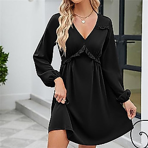 BilyBY Women's V Neck A-line Dress Summer Fold Hook Flower Long Sleeve Casual Min Dress Party Wedding Guest High Waist Dresses