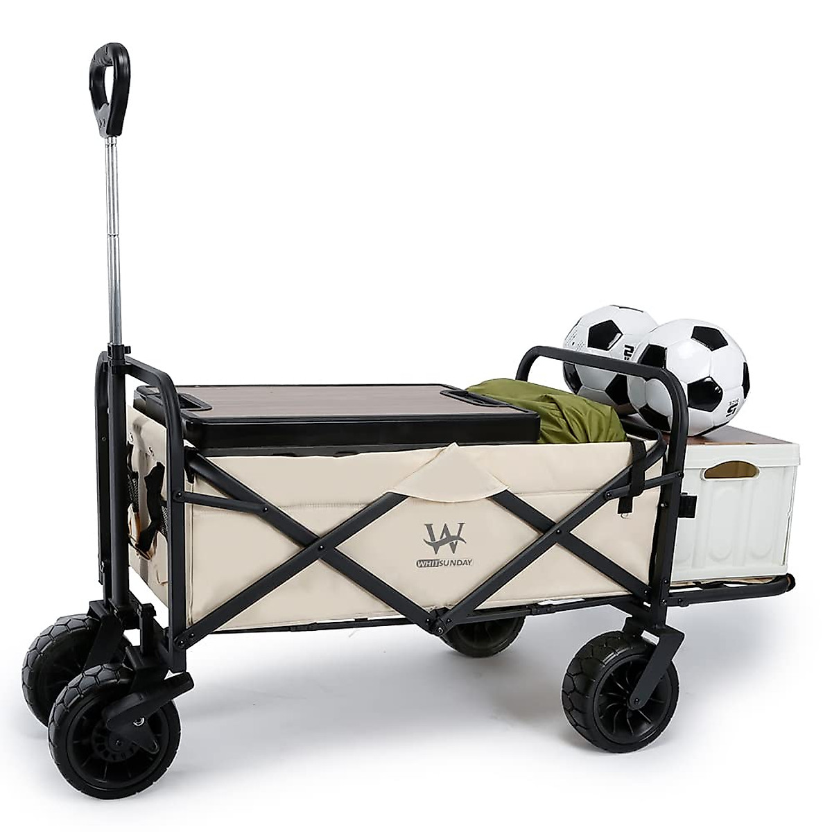 WHITSUNDAY Collapsible Folding Garden Outdoor Park Utility Wagon Picnic Camping Cart with 8“ Bearing Fat Wheel and Brake (Standard Size(Plus+) 8" Wheels with Tailgate (Beige)