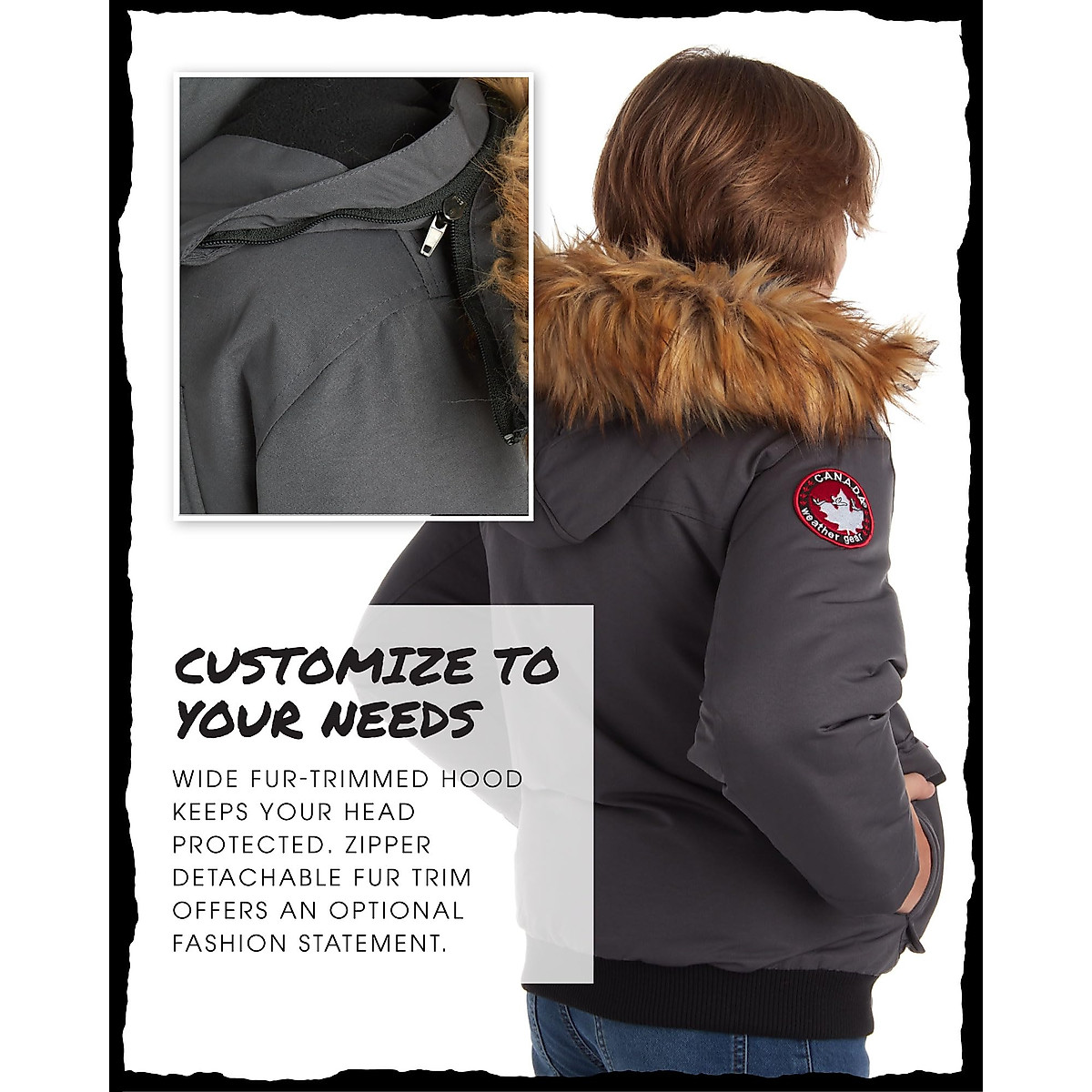 CANADA WEATHER GEAR Boys' Winter Coat – Heavyweight Bomber Parka Ski Jacket (Size: 4-20), Size 8, Coal Grey