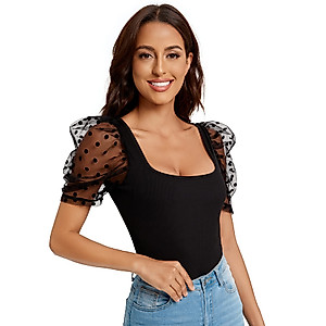 Verdusa Women's Polka Dot Mesh Puff Sleeve Square Neck Top Black M