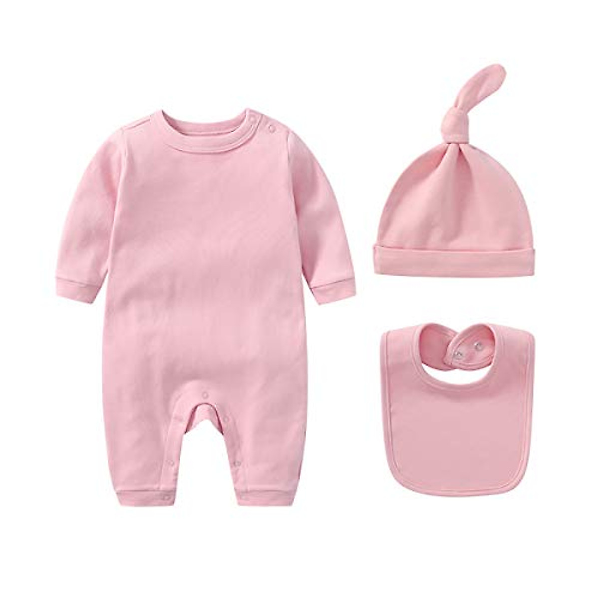 Infant Romper+Burp Cloth+Bib+Mittens+Shoes+Cap Set Breathable Healthy Fabric Tops for Baby (Pink, (0-3) month)