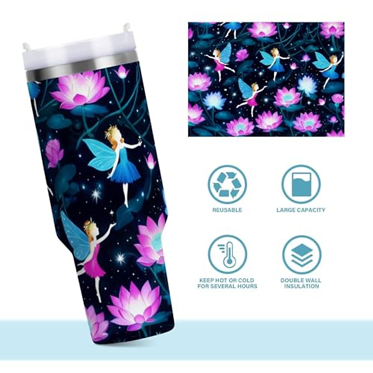 ODAWA 40oz Travel Insulated Tumblers with Handle and Straw, Flowers Night Double Wall Insulated Tumbler