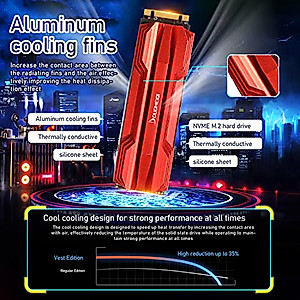 DUOMEIQI 1TB PCIe3.0 M.2 2280 Internal SSD High Performance Solid State Drive up to 520MB/s for Desktop Laptop Computer(1TB NVME + Red Aluminum Heatsink)