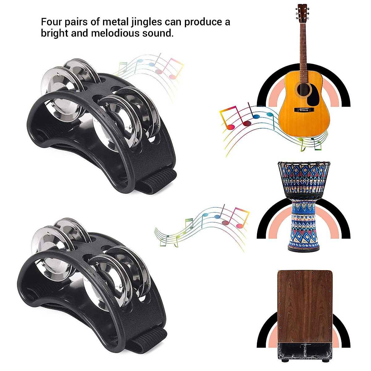 Facmogu 2PCS Foot Tambourine Percussion, Musical Instrument Percussion Pedal with Steel Jingle Bells for Drum & Guitar Playing, Foot Percussion Shakers with Elastic Strap for Adults - Black