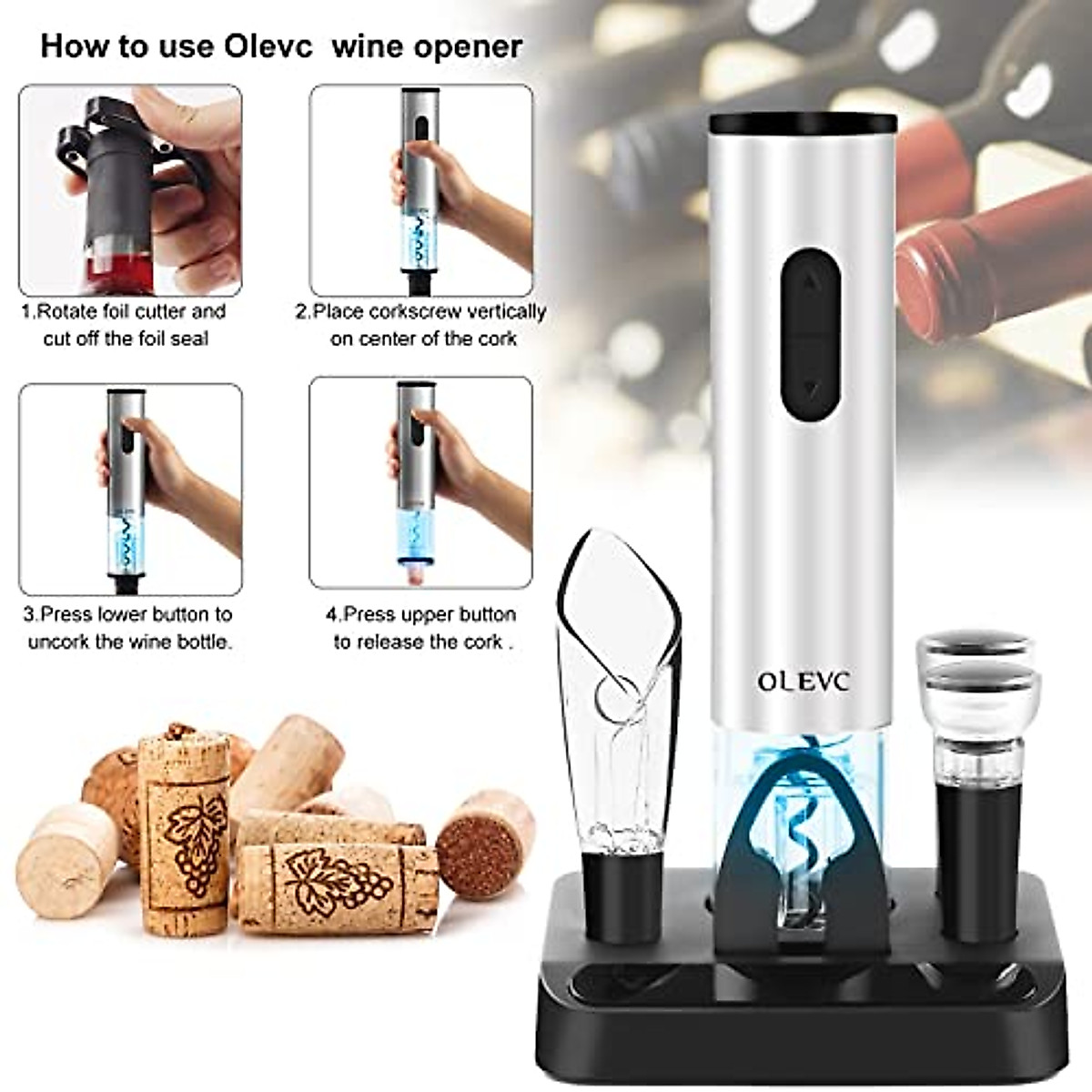Olevc Rechargeable Electric Wine Bottle Opener, Automatic One-Button Corkscrew Opener Kit with Foil Cutter, Vacuum Stopper and Wine Aerator Pourer for Household Kitchen Party Bar(Stainless Steel)