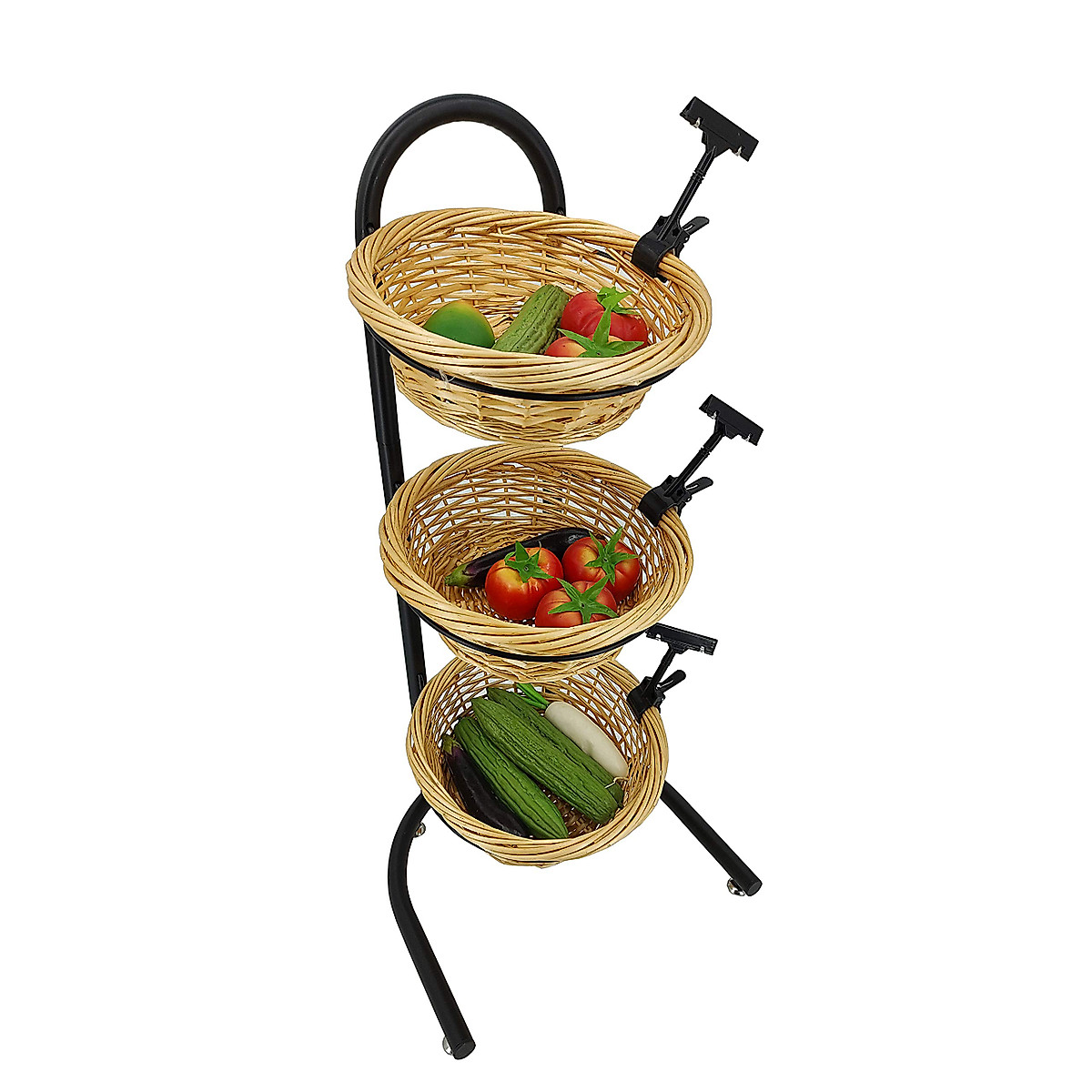 FixtureDisplays 3 Tier Wicker Basket Metal Stand with Sign Clips, Market Basket Storage Organizer 19425