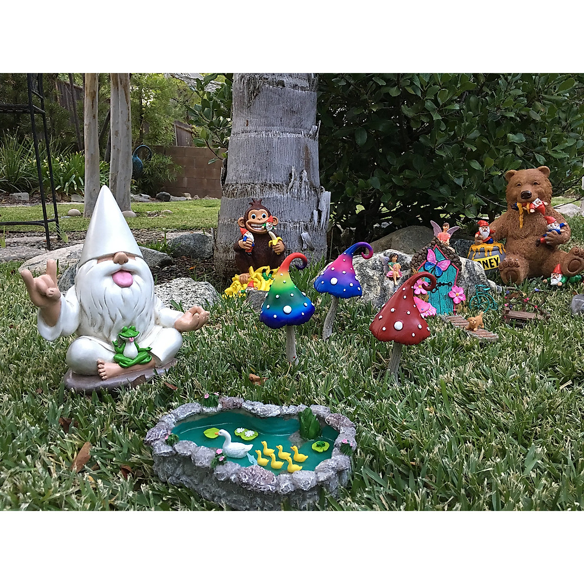 GlitZGlam Rocker Gnome George with Zen Frog - This Garden Gnome Combines Peace, Tranquility and Rock N Roll for Your Fairy Garden