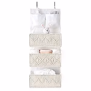 Mkono Macrame Over The Door Organizer Boho Decor Baby Nursery Storage with 3 Large Woven Pockets Wall Mount Hanging Behind Door for Bathroom, Bedroom, Closet, Dorm