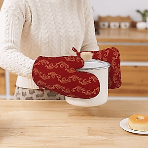 LAKIMCT China Red Floral Silicone Oven Mitts and Pot Holders Sets Kicthen Oven Gloves Hot Pads Potholders Right Mitt for Baking, Sets of 2