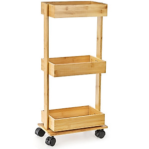 TOPZEA Slim Storage Cart, 3-Tier Bamboo Rolling Utility Cart Standing Rack on Wheel, Mobile Shelving Unit Organizer Serving Trolley Slide Out Cart for Office Bathroom Kitchen Laundry Room(Upgraded)