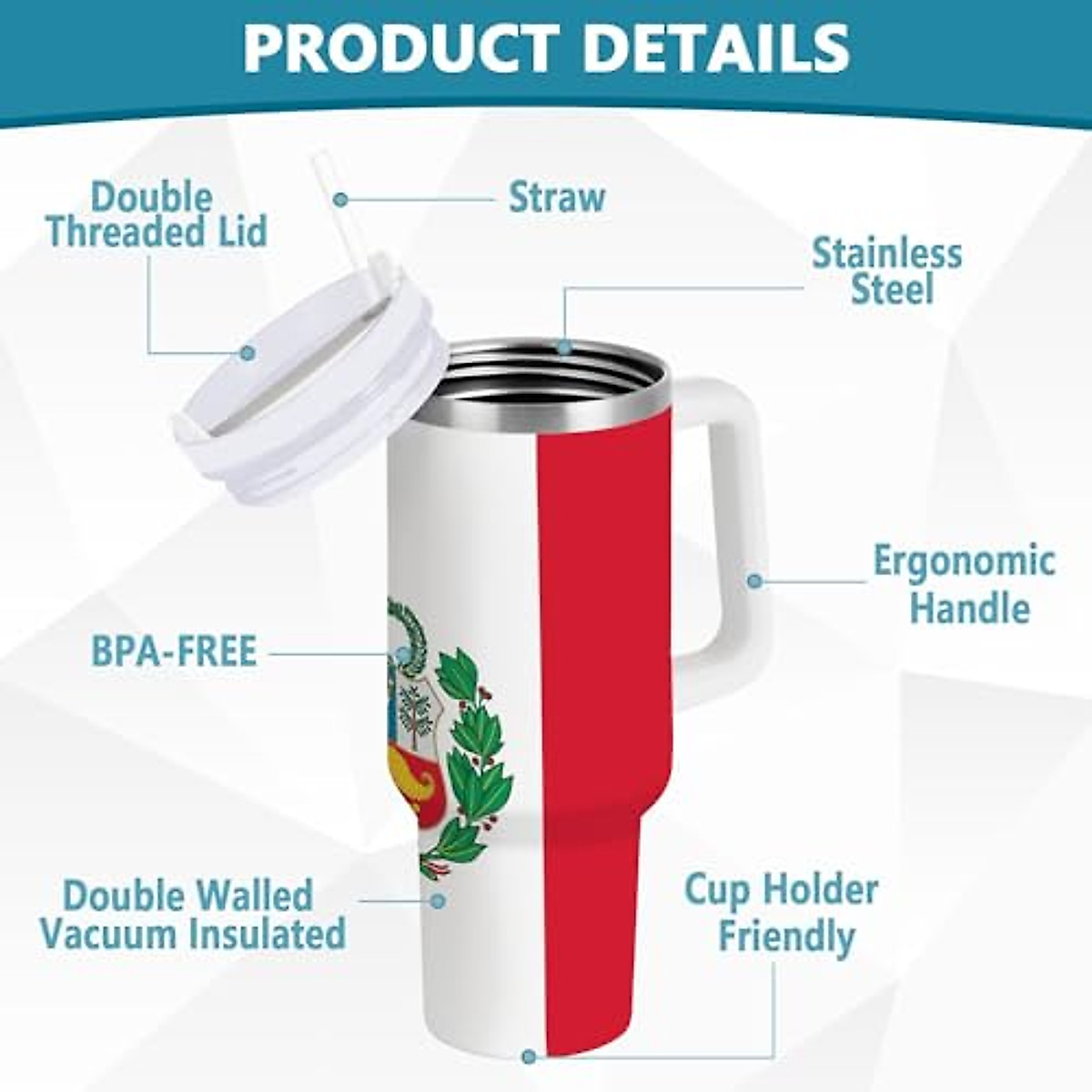 40 Oz Peru State Flag Stainless Steel Tumbler with Straw and Handle Fall Insulated Tumbler