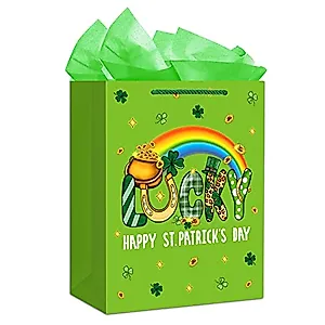 WhatSign St.Patricks Day Gift Bags with Handle 11.5" Happy St.Patrick's Day Gift Bags Shamrock Lucky Paper Gifts Bags with Tissue Paper Irish Clover Gift Wrap Bags St Patricks Day Party Favor Supplies