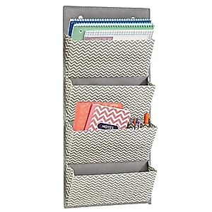 mDesign Soft Fabric Wall Mount/Over Door Hanging Storage Organizer - 4 Large Cascading Pockets - Holds Office Supplies, Planners, File Folders, Notebooks - Chevron Zig-Zag, 2 Pack - Taupe/Natural